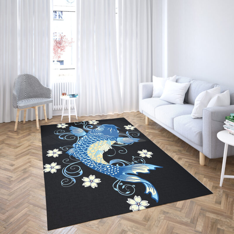 Blue Koi Fish Rug Black Background Rug - Dingmun