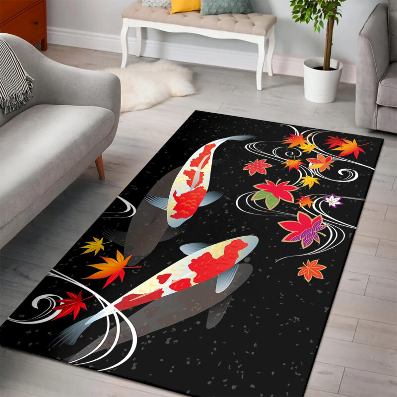 Japanese Koi Fishes Rug With Autumn Leaves - Dingmun