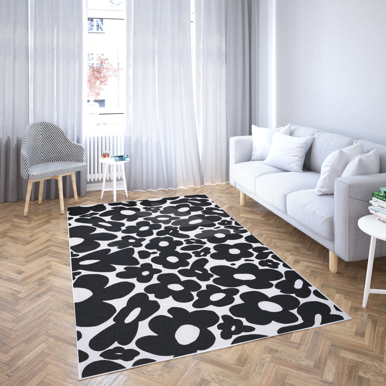 Black And White Y2K Flower Rug - Dingmun