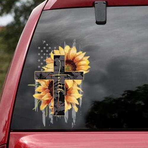 Faith Christian Cross Sunflower American Flag Car Sticker Decal ...