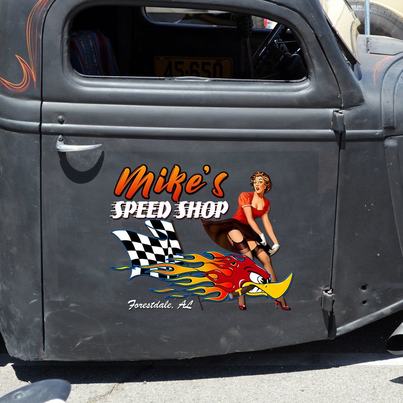 Personalized Hot Rod Pin Up Girl with Racing Flag Speed Shop Sticker ...